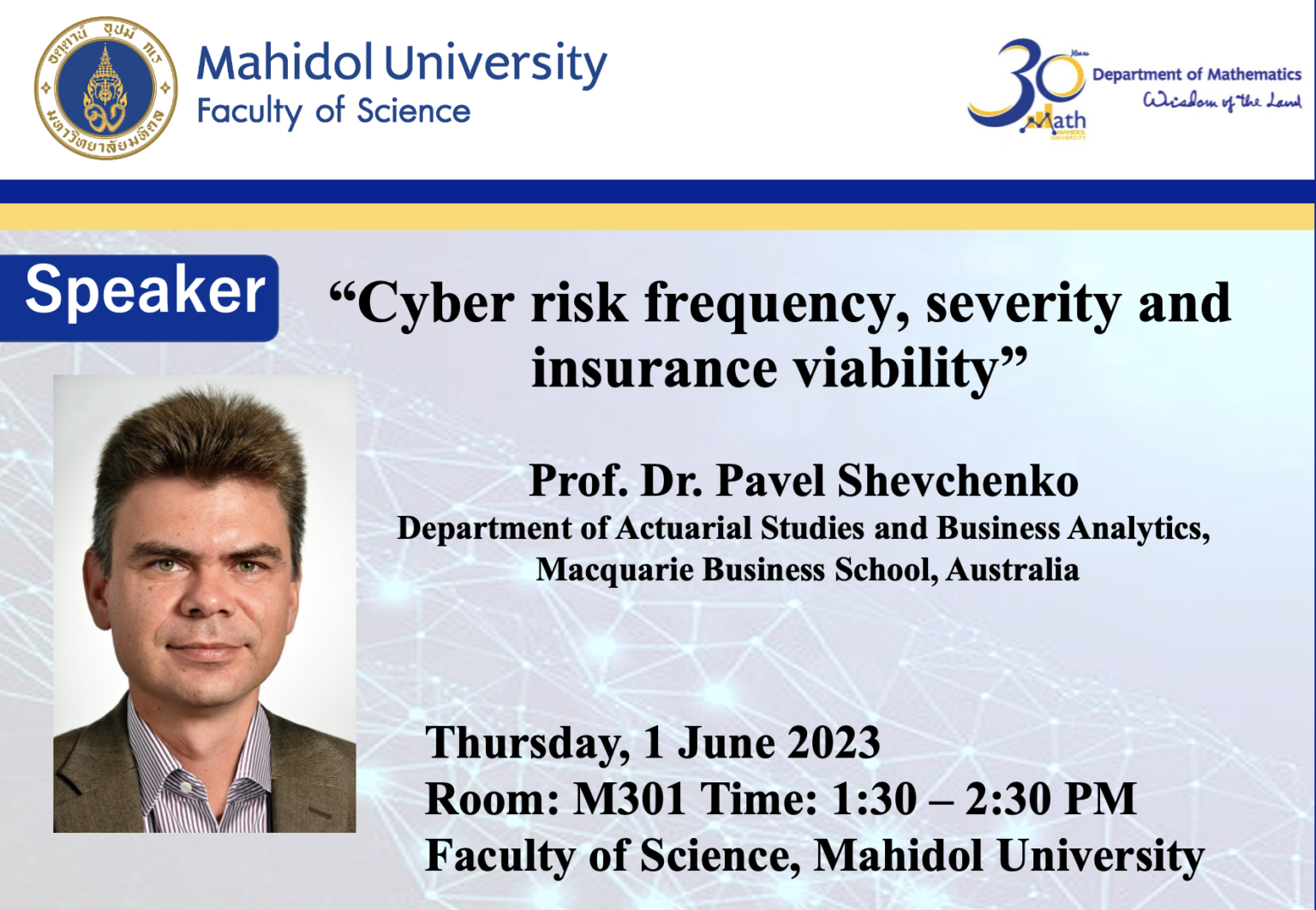 Special Seminar by Prof. Dr. Pavel Shevchenko - Department of Mathematics